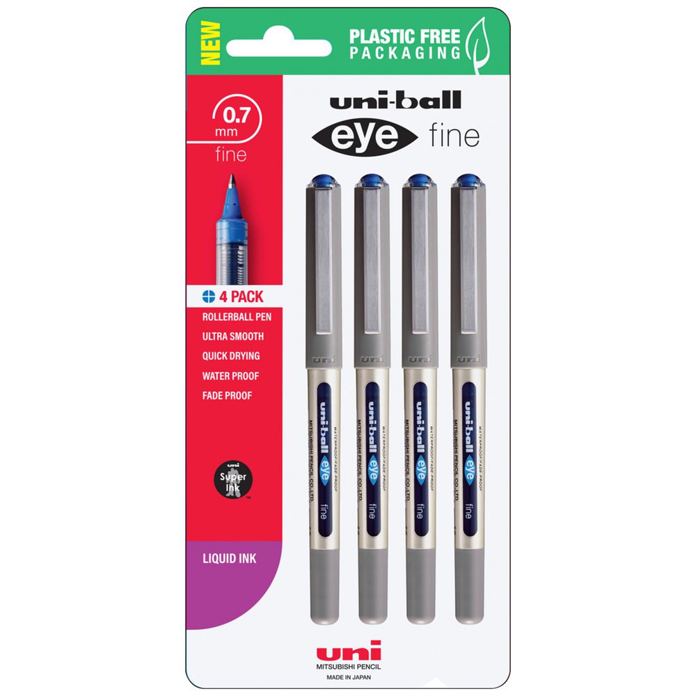 UNI-BALL Eye Fine UB157 Rollerball Pen 0.7mm, Blue - 4 Pack